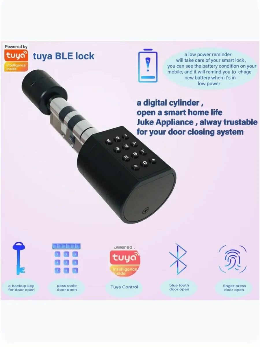 Электронный умный замок-цилиндр с Bluetooth и управлением через приложение Tuya, открытие отпечатком пальца и кодом