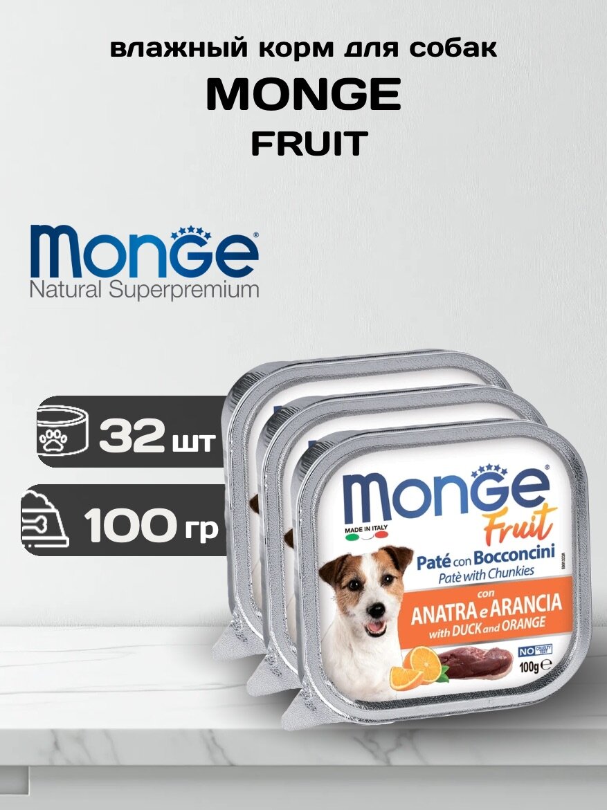 Влажный корм для собак Monge Fruit Dog (Утка, апельсин) - 100 гр х 32 шт.