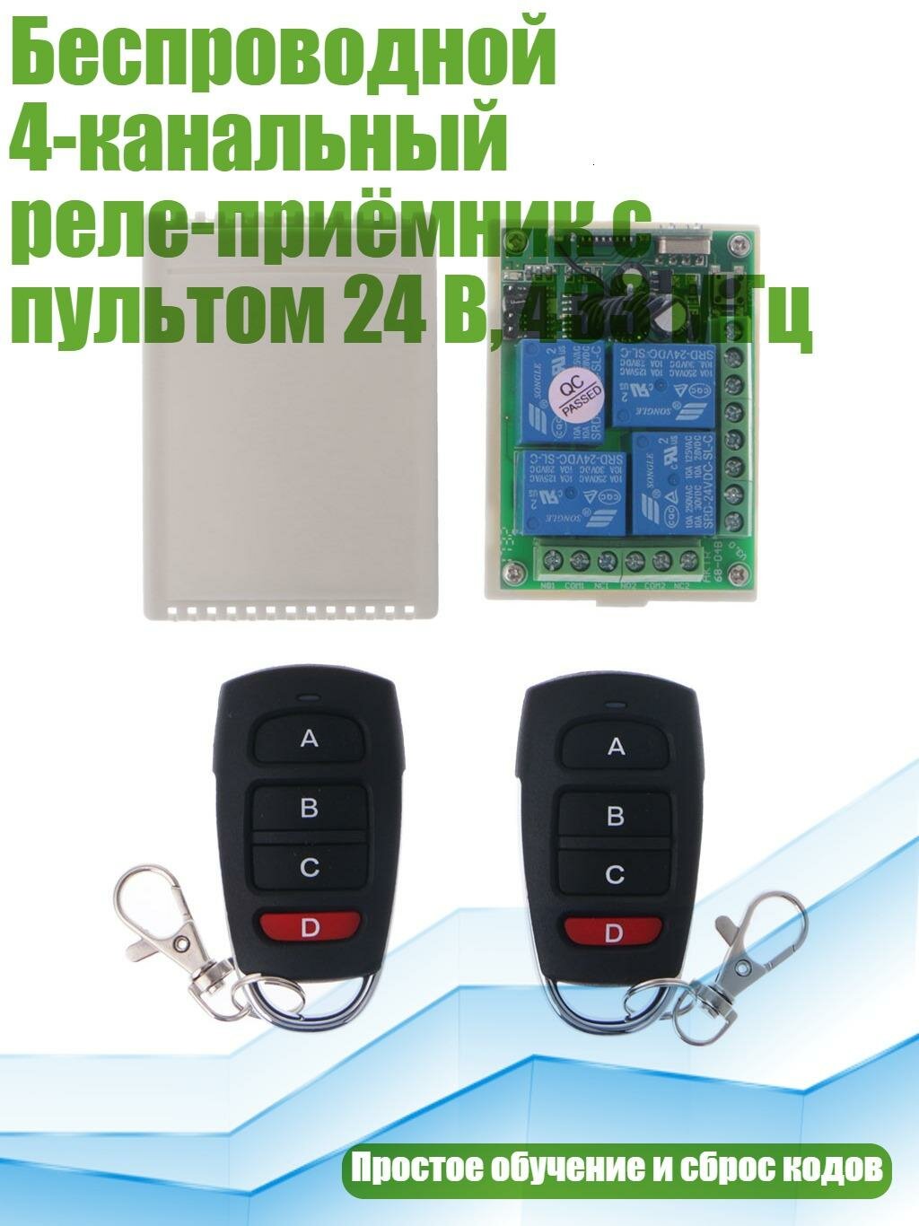 Беспроводной 4-канальный реле-приёмник с пультом 24 В, 433 МГц, Черный