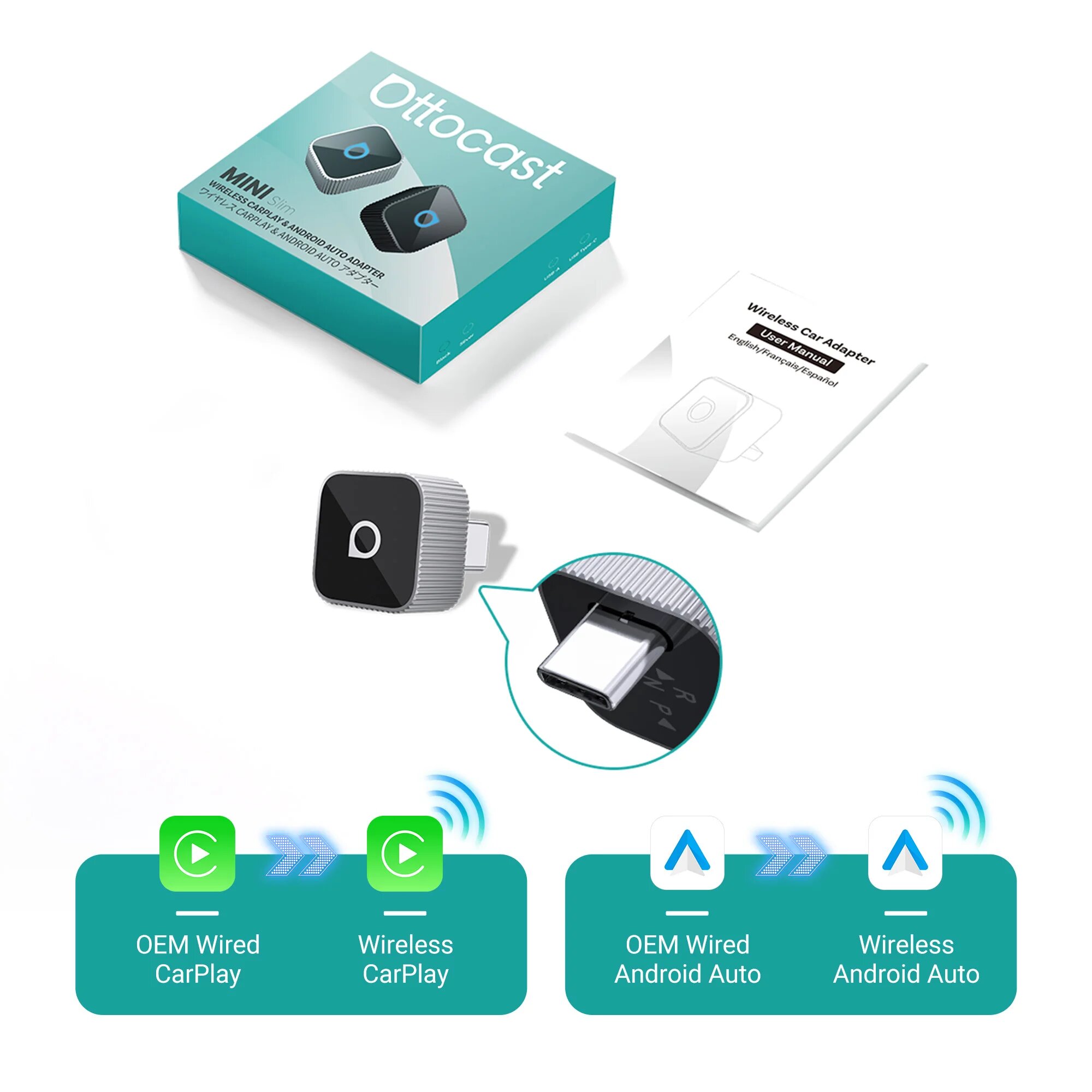 OTTOCAST Cube MINI адаптер CarPlay/Android Auto Slim Silver Type C