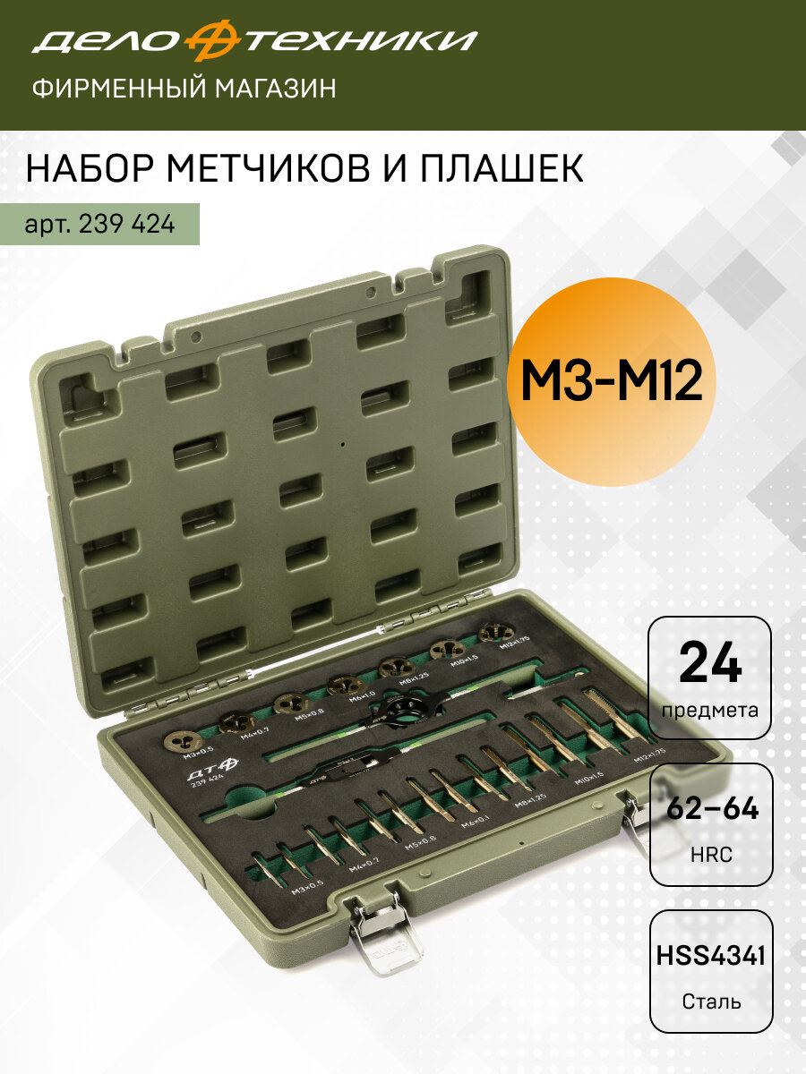 Набор метчиков и плашек, 24 предмета, МЗ–М12, Дело Техники, 239424