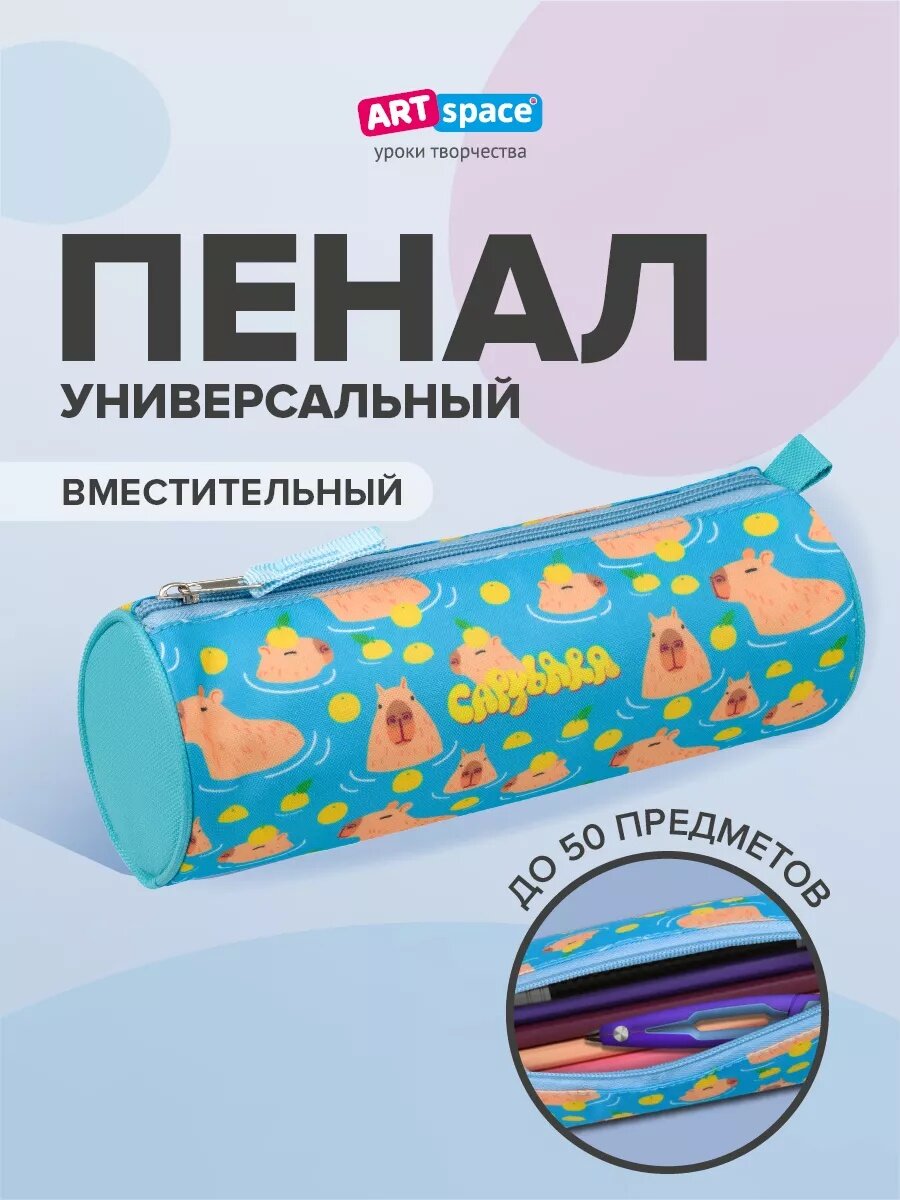 Пенал-тубус "Капибара" ArtSpace, мягкий, на молнии, голубой, полиэстер