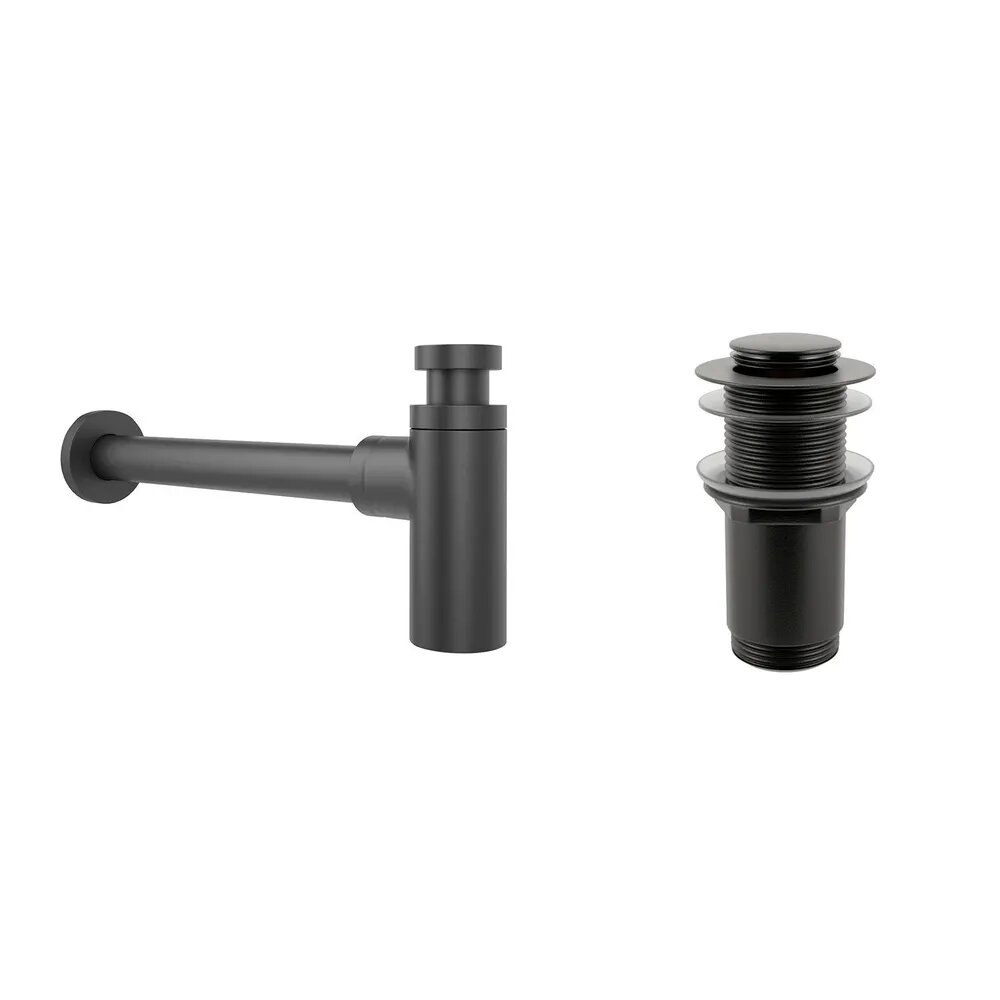 Сифон для раковины с донным клапаном Wellsee Drainage System 182105002 в наборе 2 в 1: металлический сифон для раковины, донный клапан без перелива click-clack (цвет набора матовый черный)