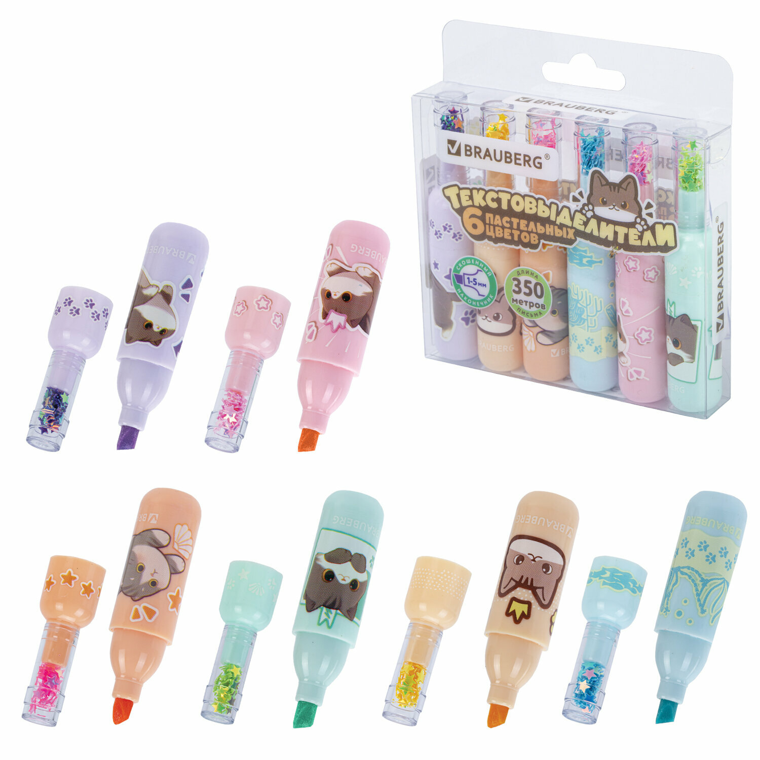 Brauberg Набор текстовыделителей 6 пастельных цветов Милые котята 1-5 мм 152619