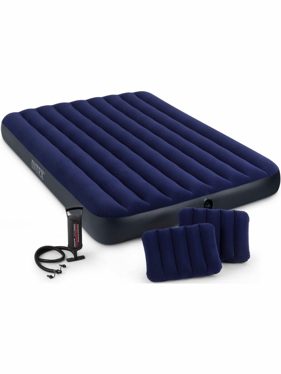Матрас надувной Intex Classic Downy Airbed Dura-Beam 64765 с подушками 152х203х25 см, синий