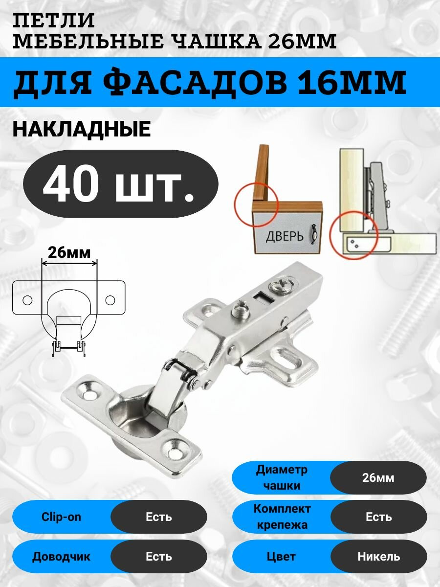 Петли накладные с доводчиком, чашка 25-26мм, мебельные, система clip-on, 40 шт.