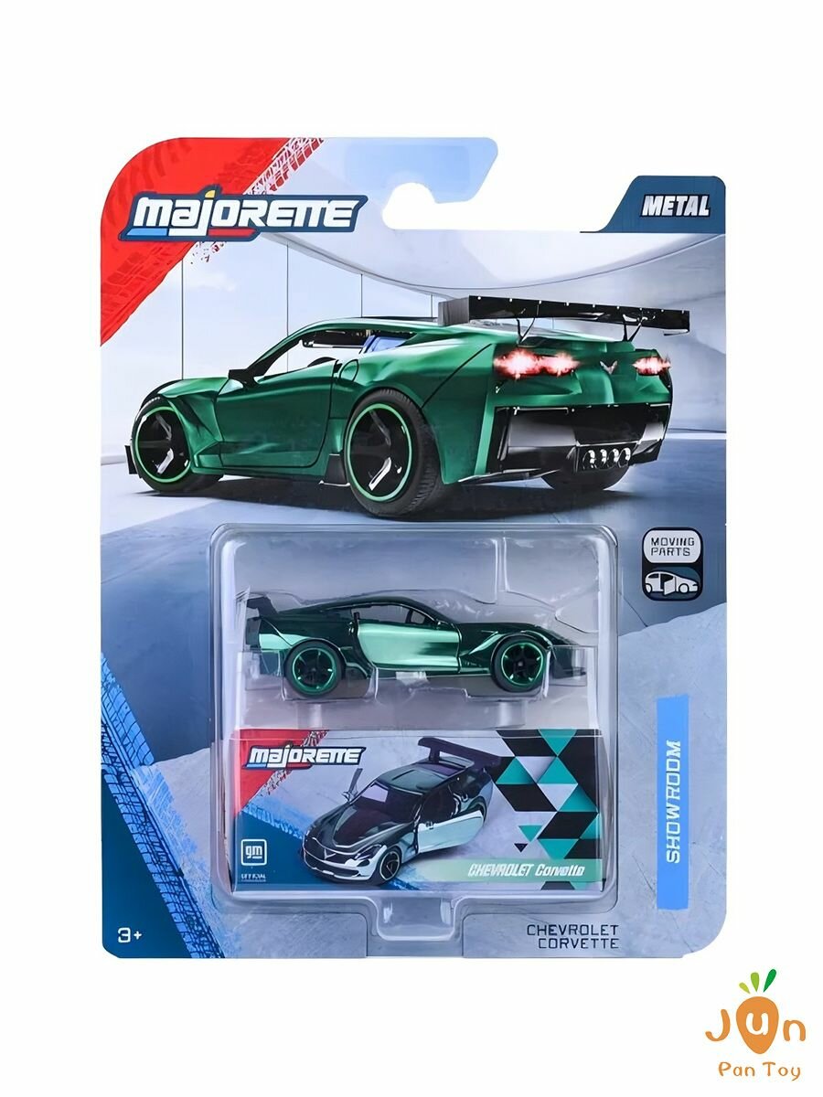 Игрушечный машина, Majorette Showroom Chevrolet Corvette / Детская металлическая модель Chevrolet Corvette с зелёной раскраской, масштаб 1:64 - идеальна в качестве подарка для коллекции.