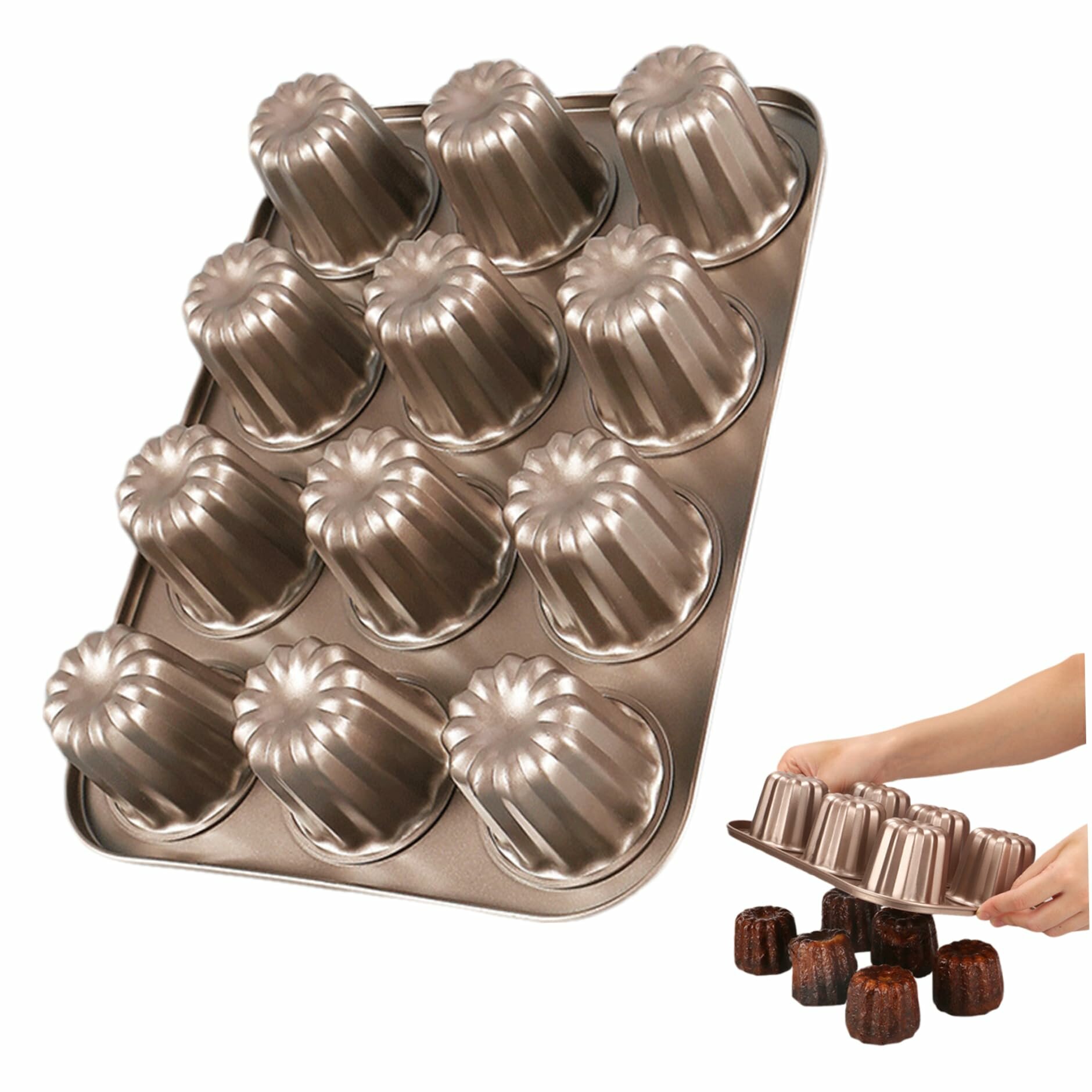 BakeJoy формы для канаелей из углеродистой стали с антипригарным покрытием, 12 ячеек, 13.7x10.4 дюйма, для канаелей, хлеба, маффинов, торта, 1 шт.