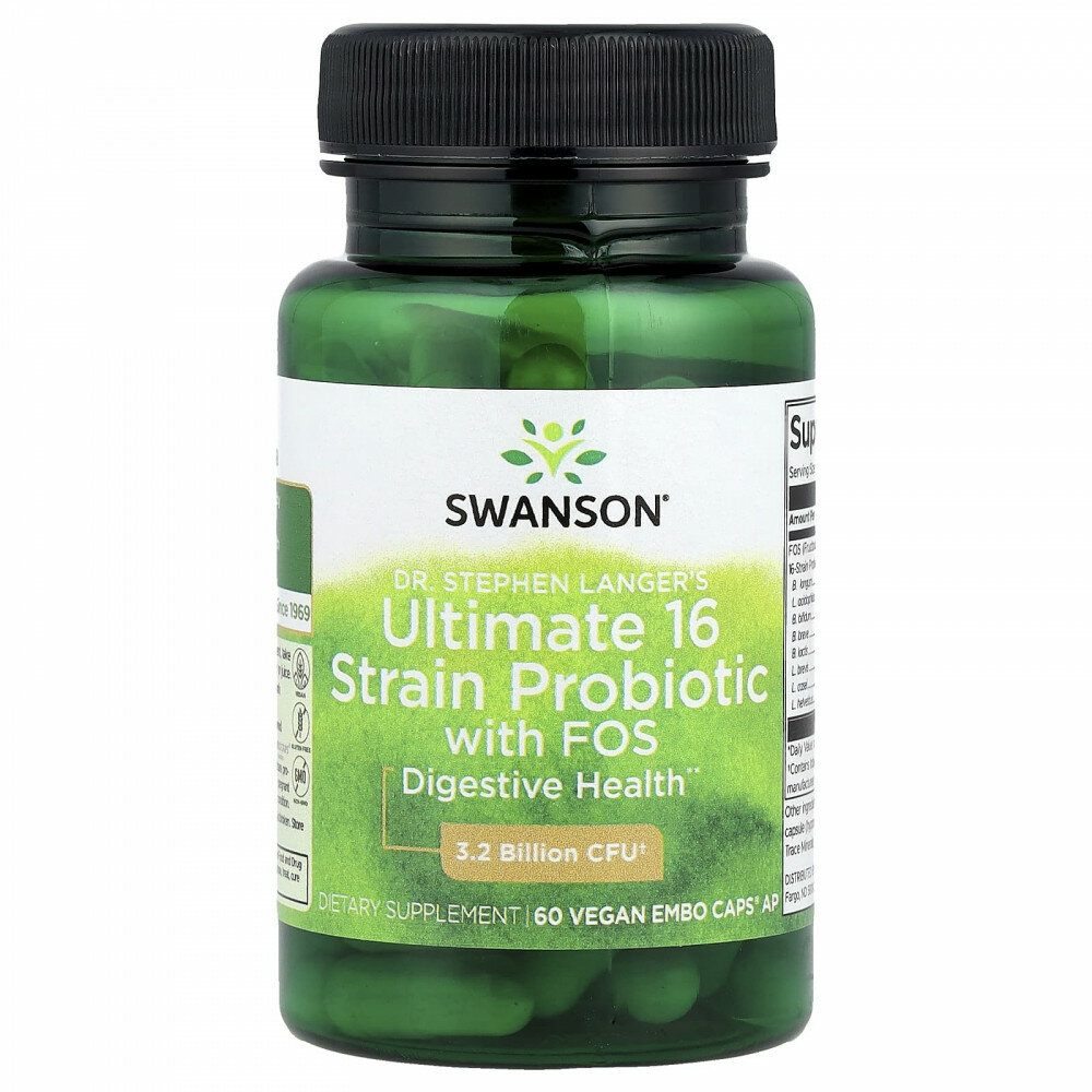 Swanson, Dr. Stephen Langer's Ultimate 16 Strain Probiotic with FOS, 16 штаммов пробиотиков с ФОС, 60 веганских капсул EMBO Caps® AP