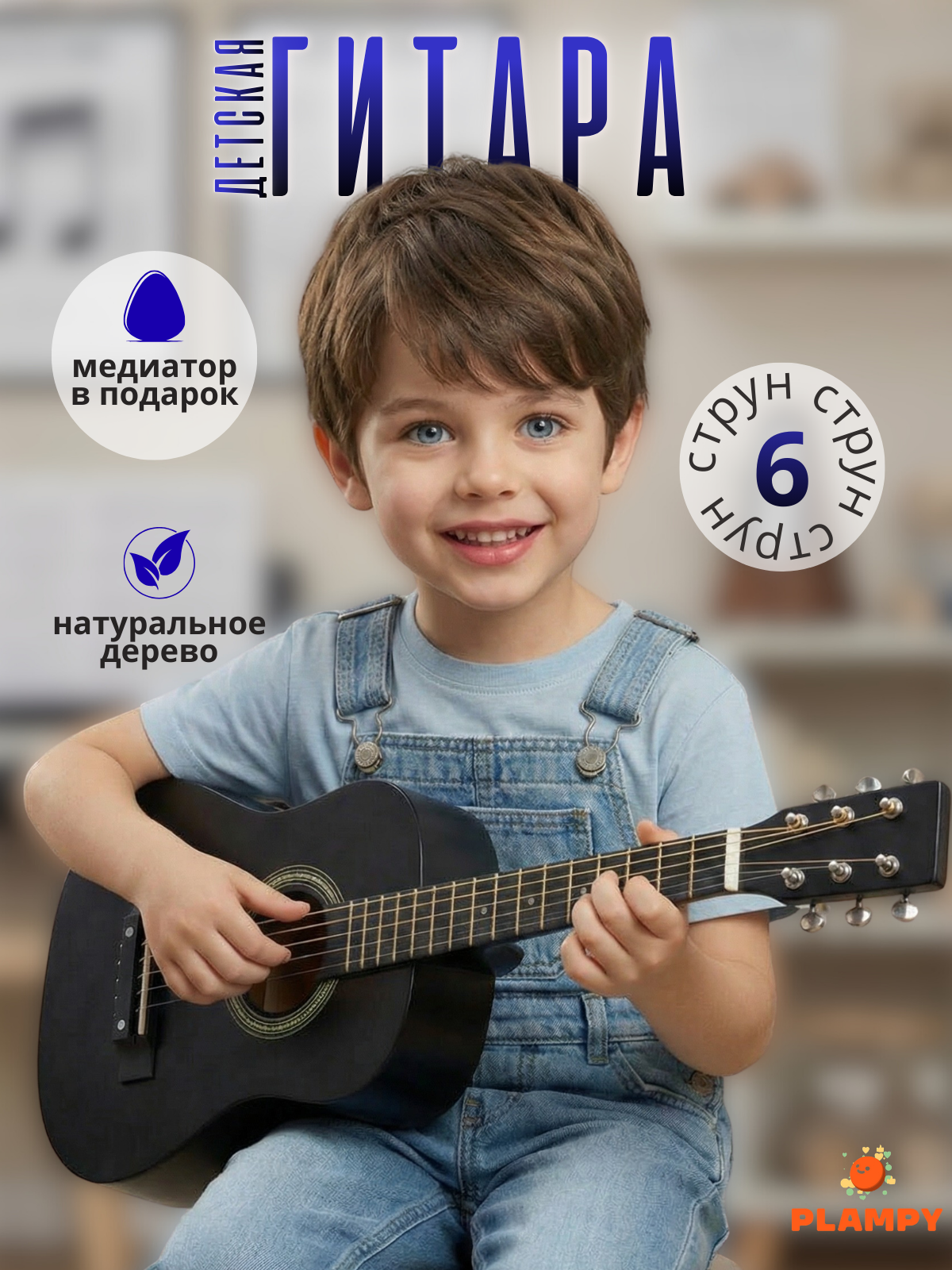 Деревянная гитара шестиструнная с медиатором, Черная / Детские музыкальные инструменты