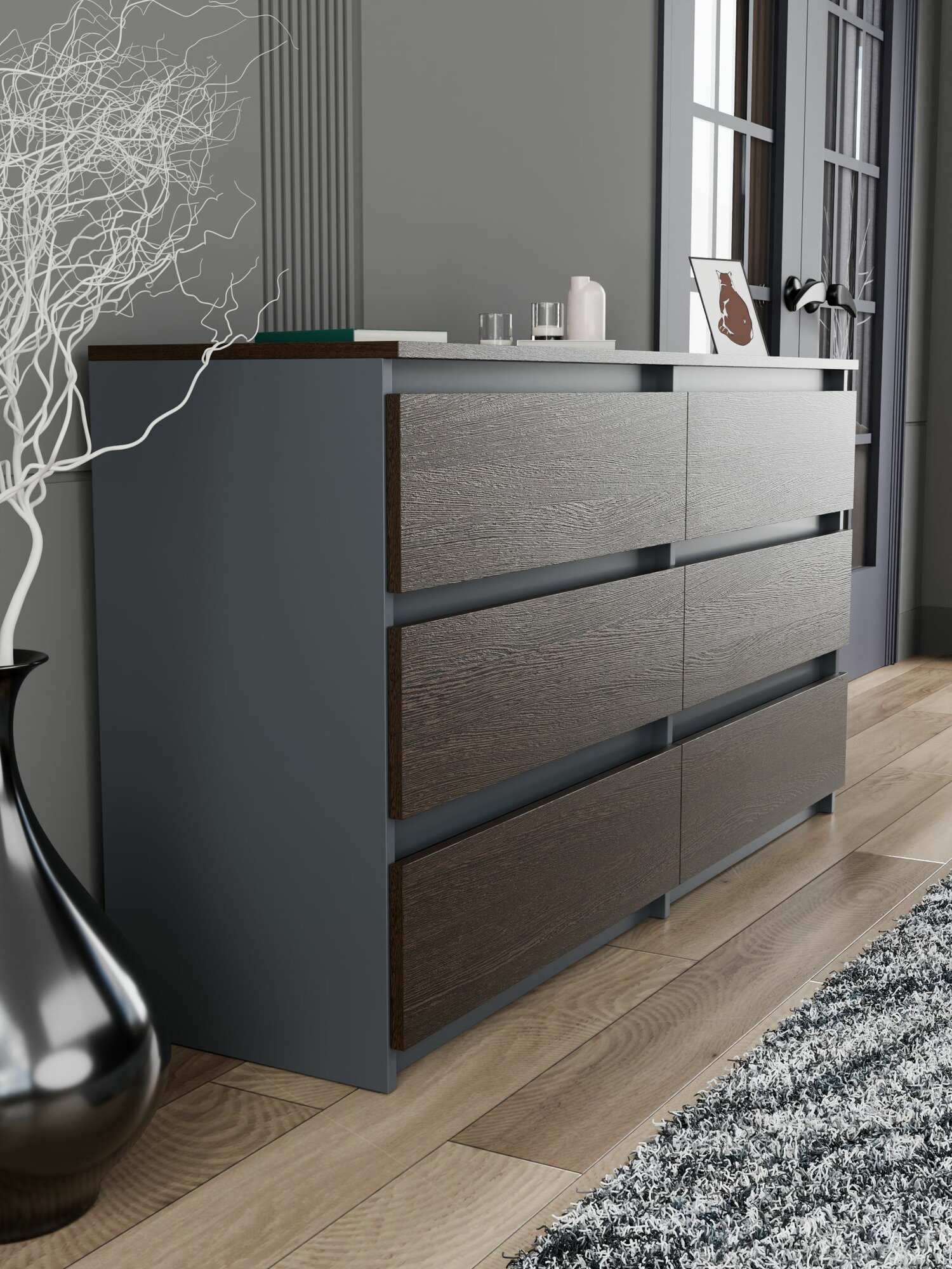 Комод для белья и одежды орлан 6 ящиков, 140х76.4х40 см, графит/венге