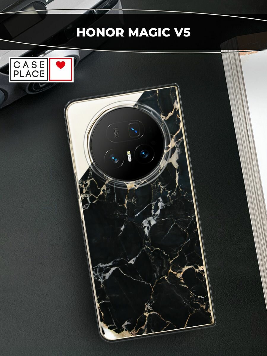Чехол на Honor Magic V5 / Хонор Мэджик V5 с принтом Черный мрамор уголок, прозрачный