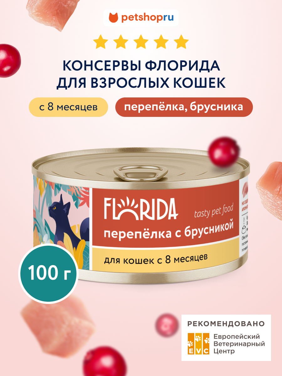 FLORIDA Консервы для кошек, перепёлка с брусникой, 1 шт, влажный корм, 100 г