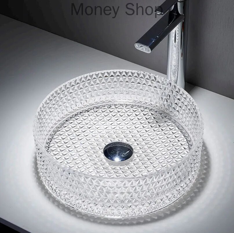 Раковина круглая хрустальная прозрачная для ванной комнаты 36x36 см