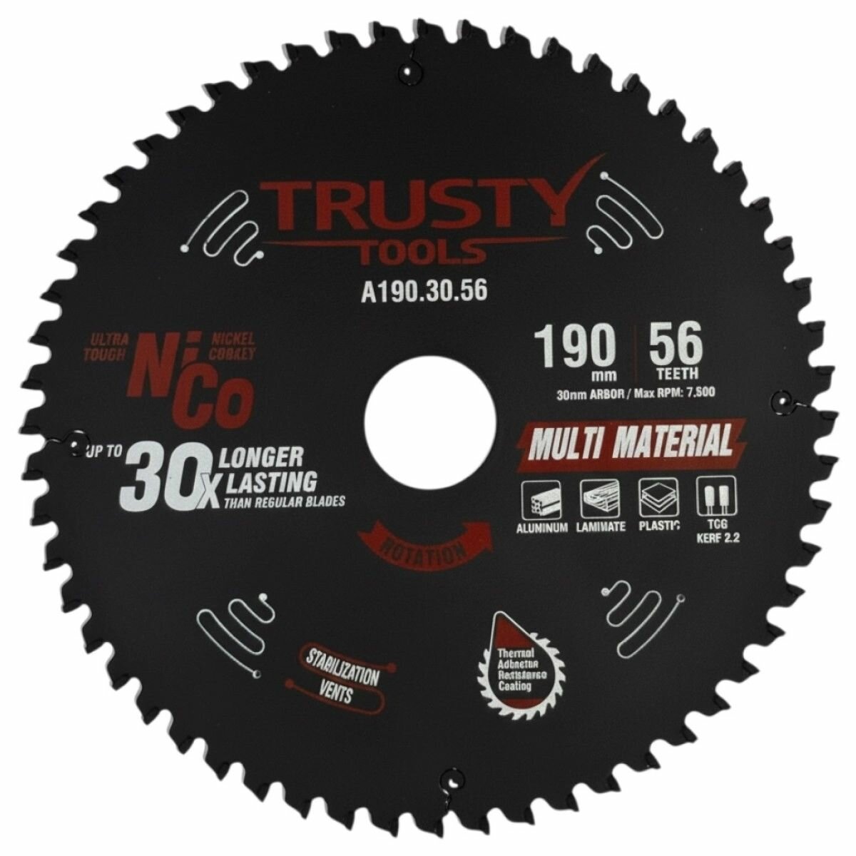 Диск пильный 190х30 56T Trusty-Tools для пиления алюминия, МДФ, ламината и цветных металлов