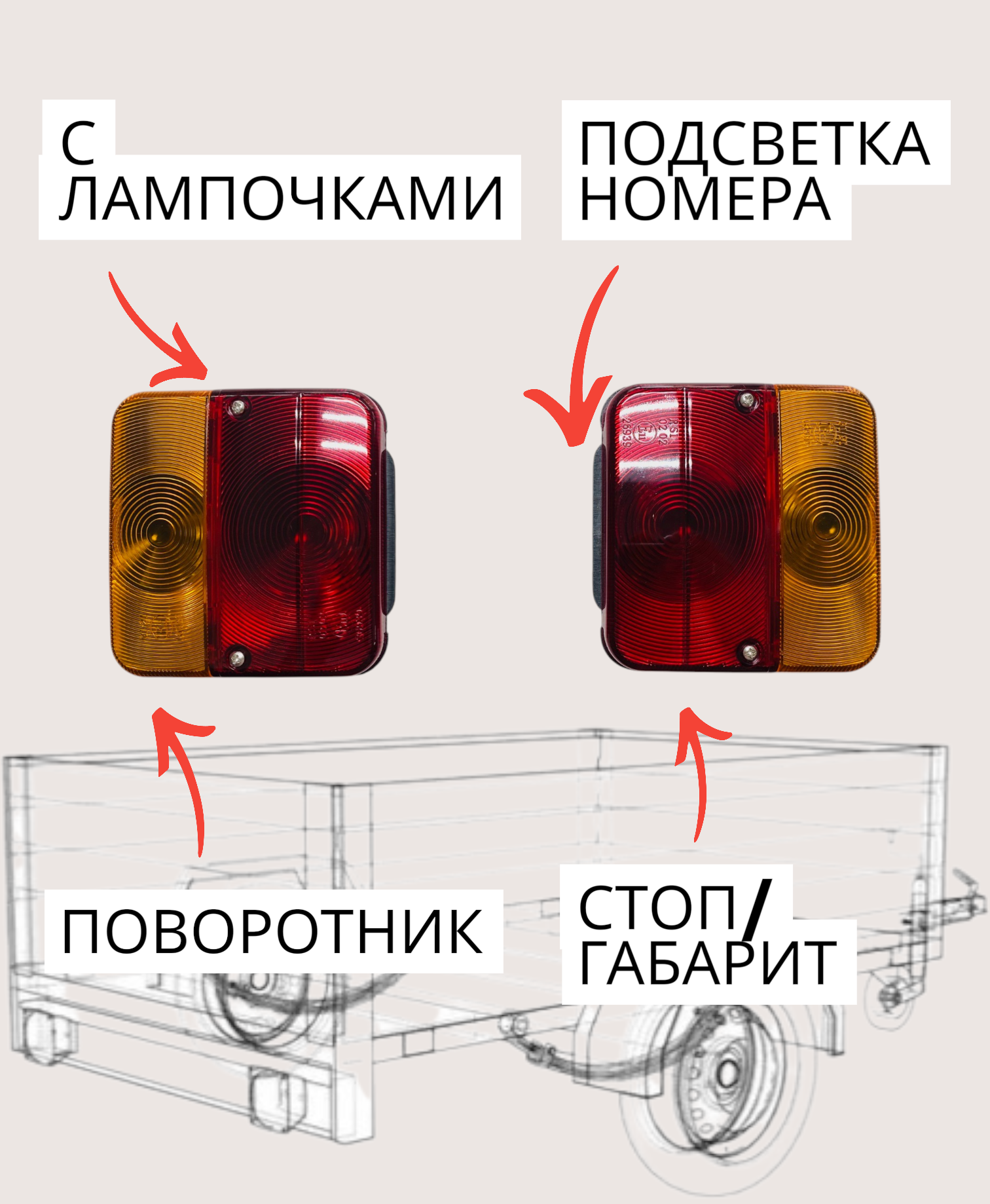 Задний фонарь (плафон) - 2 шт. для прицепа с лампочками и квадратной формой 10х10 см.
