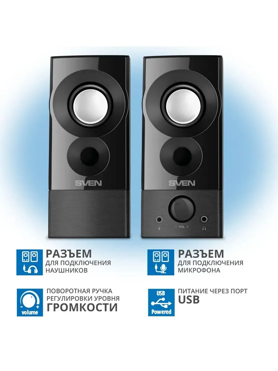 Колонки SVEN 357, для компьютера, портативные, USB, 2 колонки, 3Вт, черные — фото 1