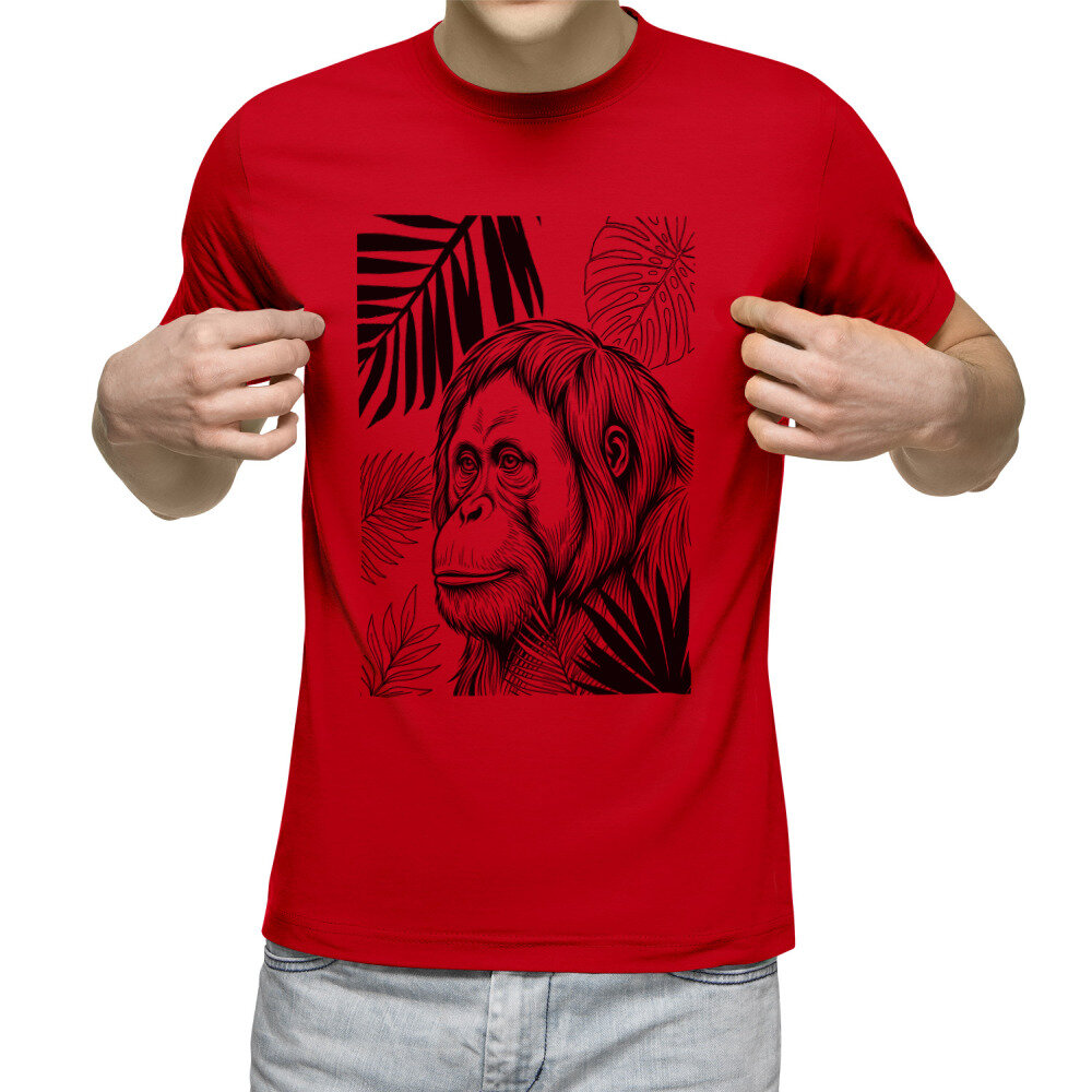 Мужская футболка «Орангутан в тропиках. Монохромный рисунок» (красный, S)