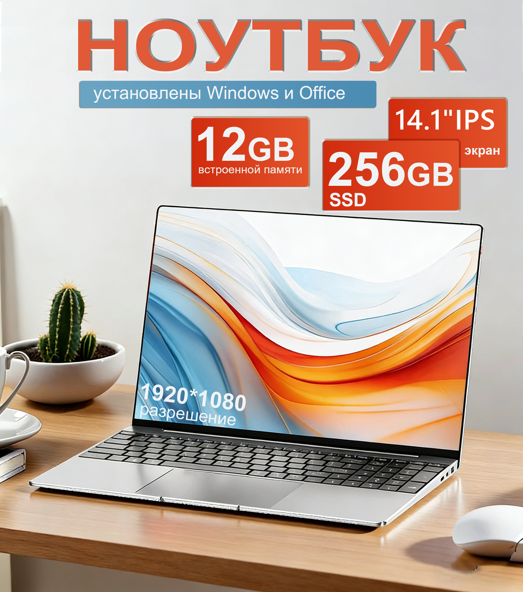 Ноутбук игровой мощный для игр с видеокартой Intel UHD Graphics 600 экран 14.1"IPS Windows 11 Pro 12ГБ RAM 256 ГБ SSD, серебристый