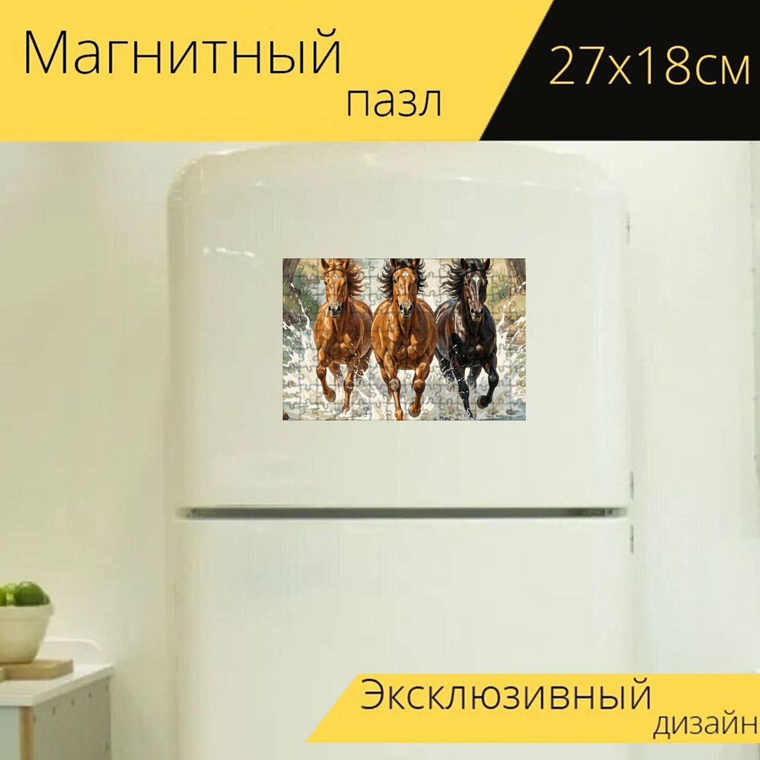 Магнитный пазл "Три скакуна в брызгах воды. Живописная сцена с тремя мощными конями, бегущими через речную воду. Динамичная композиция, теплые коричневые." на холодильник 27 x 18 см.