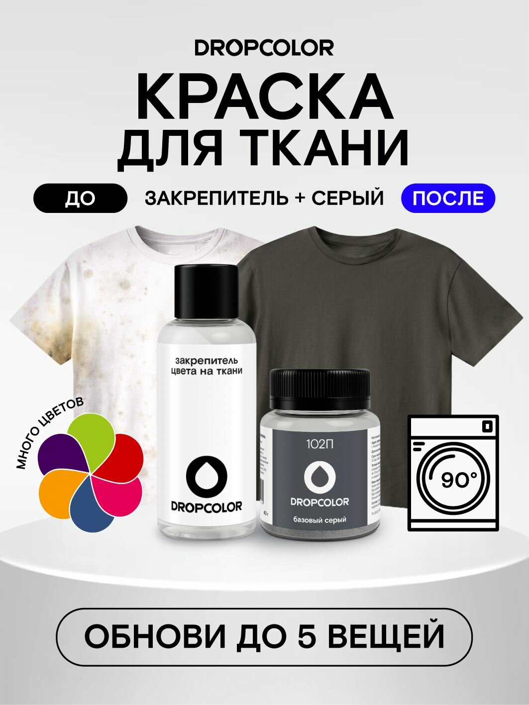 Краска для ткани серая и закрепитель цвета, Dropcolor, краска для одежды, джинс, хлопка, серый