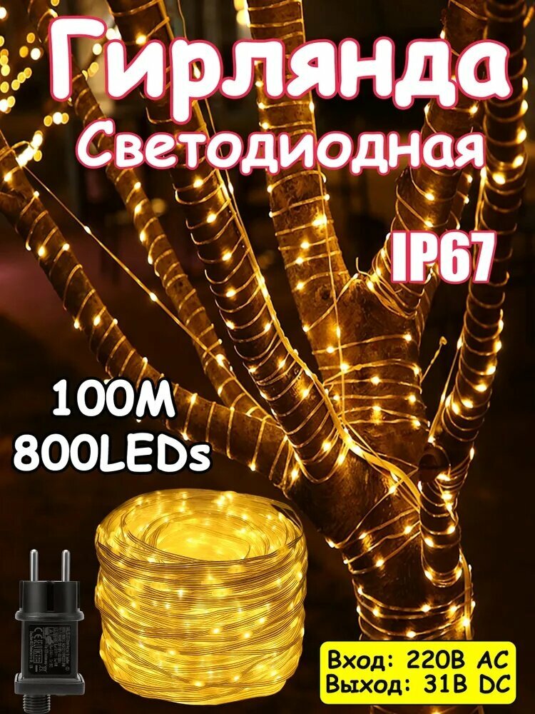 Электрогирлянда уличная Нить Светодиодная 800 ламп, 100 м, питание От сети 220В, 1 шт