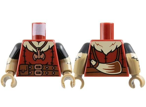 Деталь Lego 973pb5815c01 Torso Coat, Tan Fur Collar, Reddish Brown Belts, Copper Buckles, Axe Necklace, Cow Horn on Back Pattern / Dark Tan Arms with Molded Black Short Sleeves and Printed Fur Pattern / Dark Tan Hands