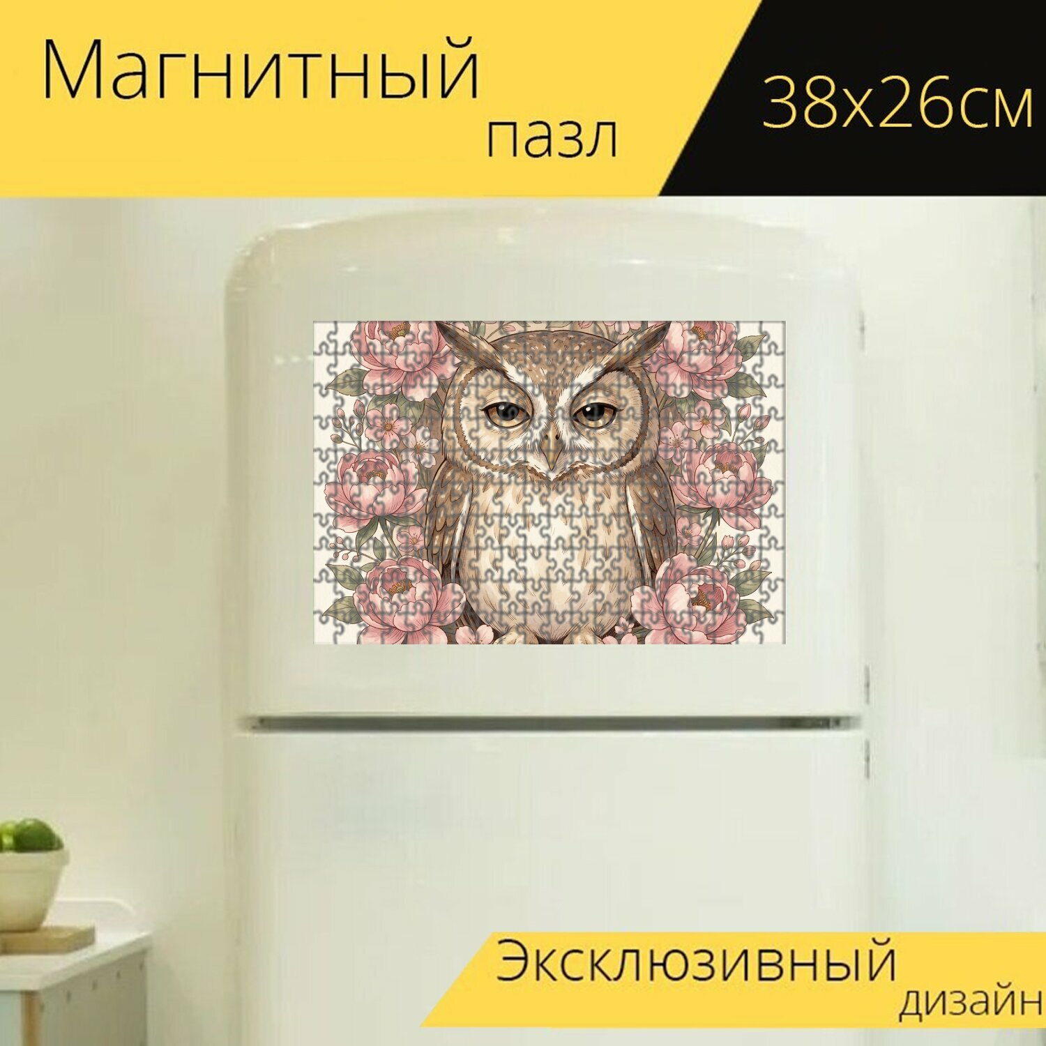 Магнитный пазл "Сова в цветочном венке. Милая иллюстрация с мудрой птицей среди розовых бутонов и нежной зелени, в винтажной акварельной манере. Пастельные." для интерьера, 38х26 см.