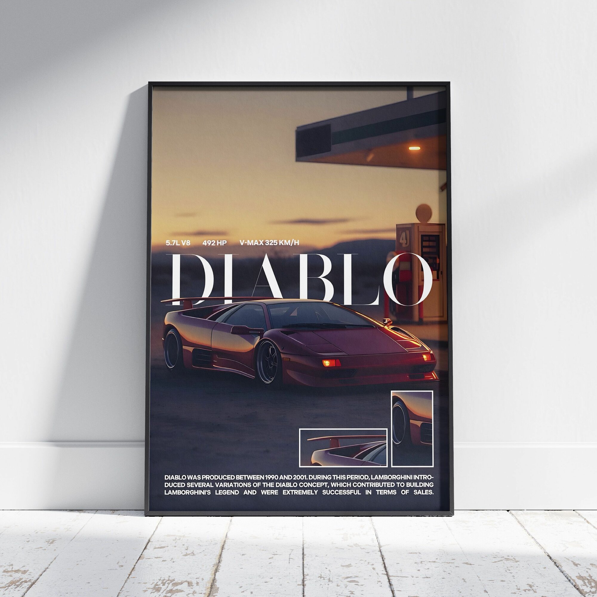 Плакат на стену для интерьера Спорткар (Lamborghini Diablo 1) - Постер по спортивным гоночным машинам автомобилям формата А3 (30x42 см)