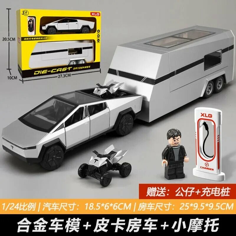 Tesla Cybertruck Металлическая модель, большая Tesla пикап + прицеп-дача + внедорожный мотоцикл - серебристый