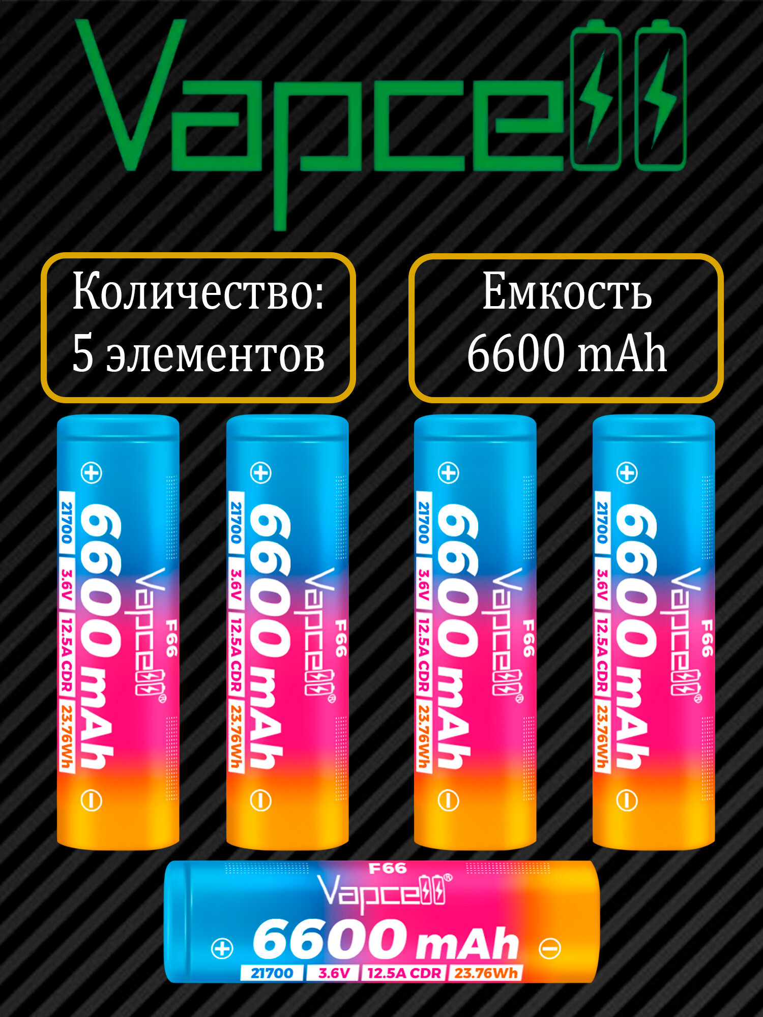 Аккумулятор Vapcell F66 21700 6600 mAh 12.5A (Комплект 5 элементов) красный/синий