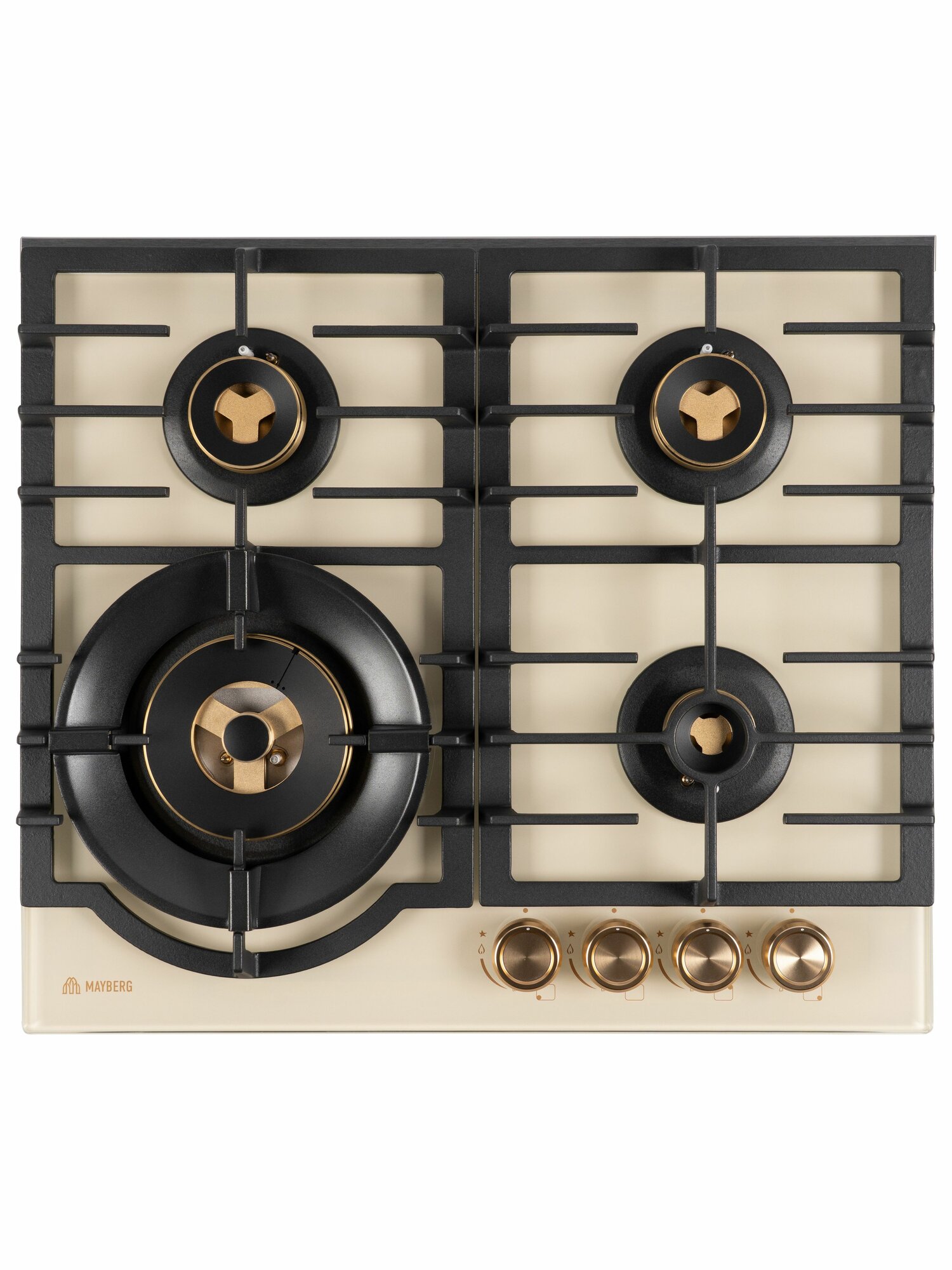 Газовая варочная панель , 60см. , стекло , PREMIUM, горелки Volcano BRASS WOK Burner, электроподжиг, газ-контроль , чугунная решетка , MAYBERG