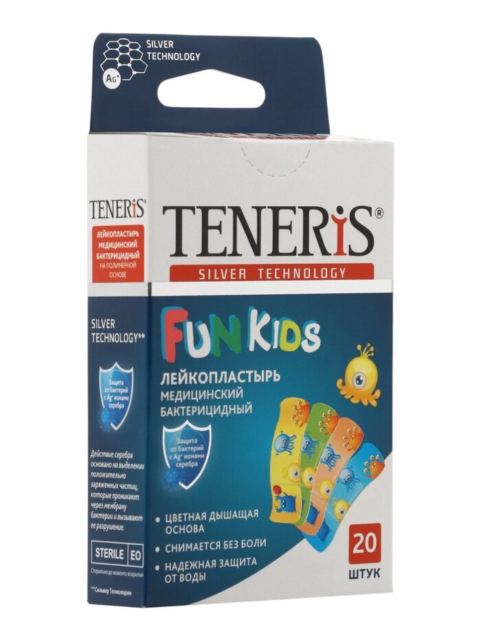 Лейкопластырь бактерицидный Teneris "Fun Kids" с ионами серебра на полимерной основе. 20 шт