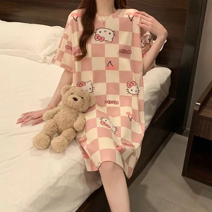 Летняя ночная рубашка Hello Kitty с короткими рукавами, милое свободное платье средней длины с мультяшным рисунком для девочек. Домашняя одежда.