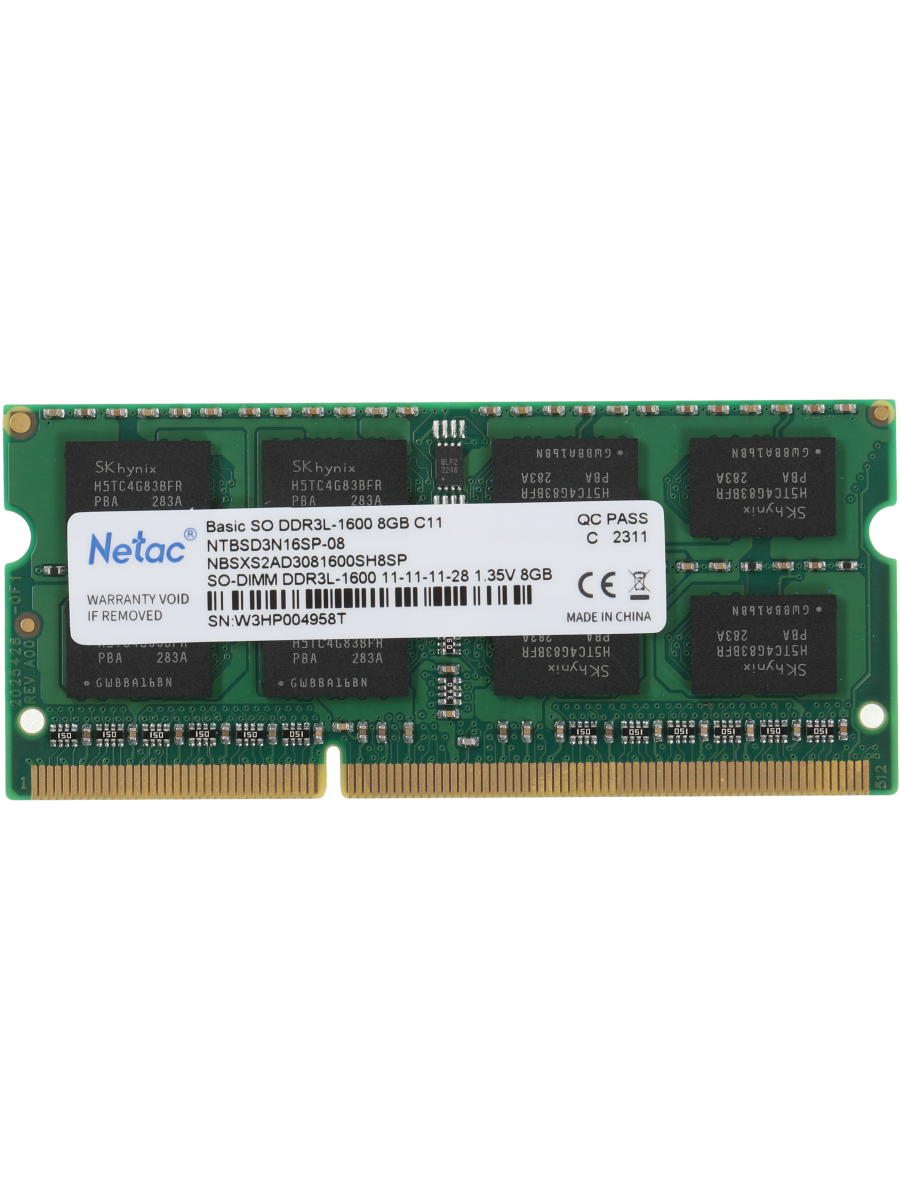 Память DDR3L 8GB 1600MHz Netac NTBSD3N16SP-08 Basic RTL PC3-12800 CL11 SO-DIMM 204-pin 1.35В single rank RTL