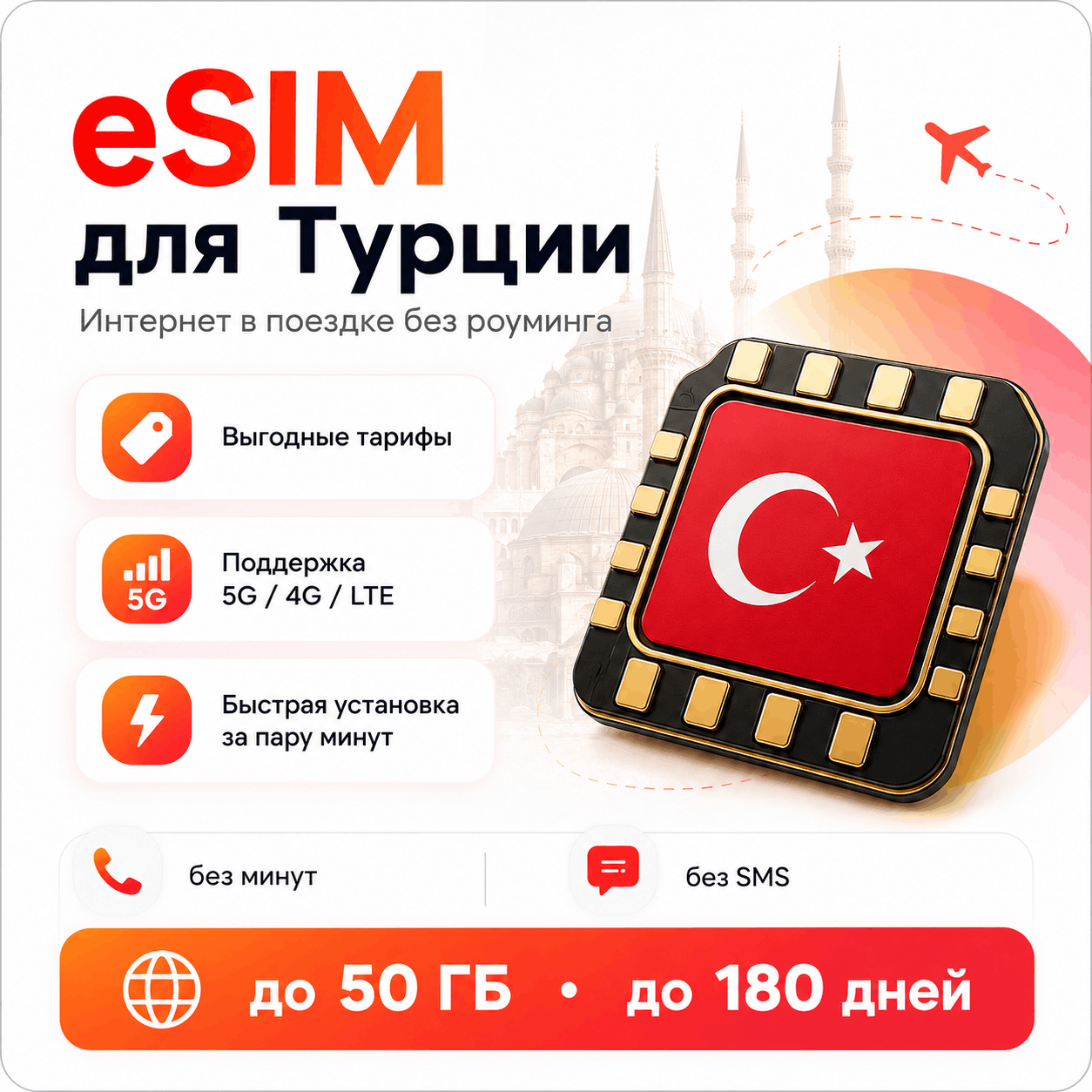 Виртуальная eSIM карта для интернета в Турции - 3 ГБ на 30 дней для телефона и планшета.