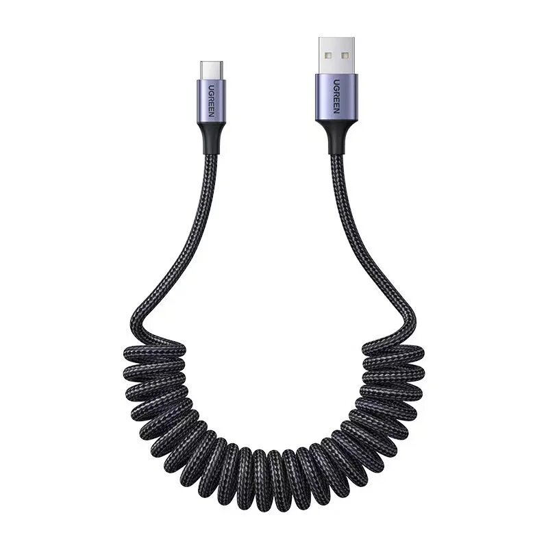 Кабель UGREEN Car Spring USB A - Type C, плетеный, 3А, для зарядки и передачи данных, для Samsung, Apple iPhone 17, 16, 15, зарядное устройство AC, Android, телескопический