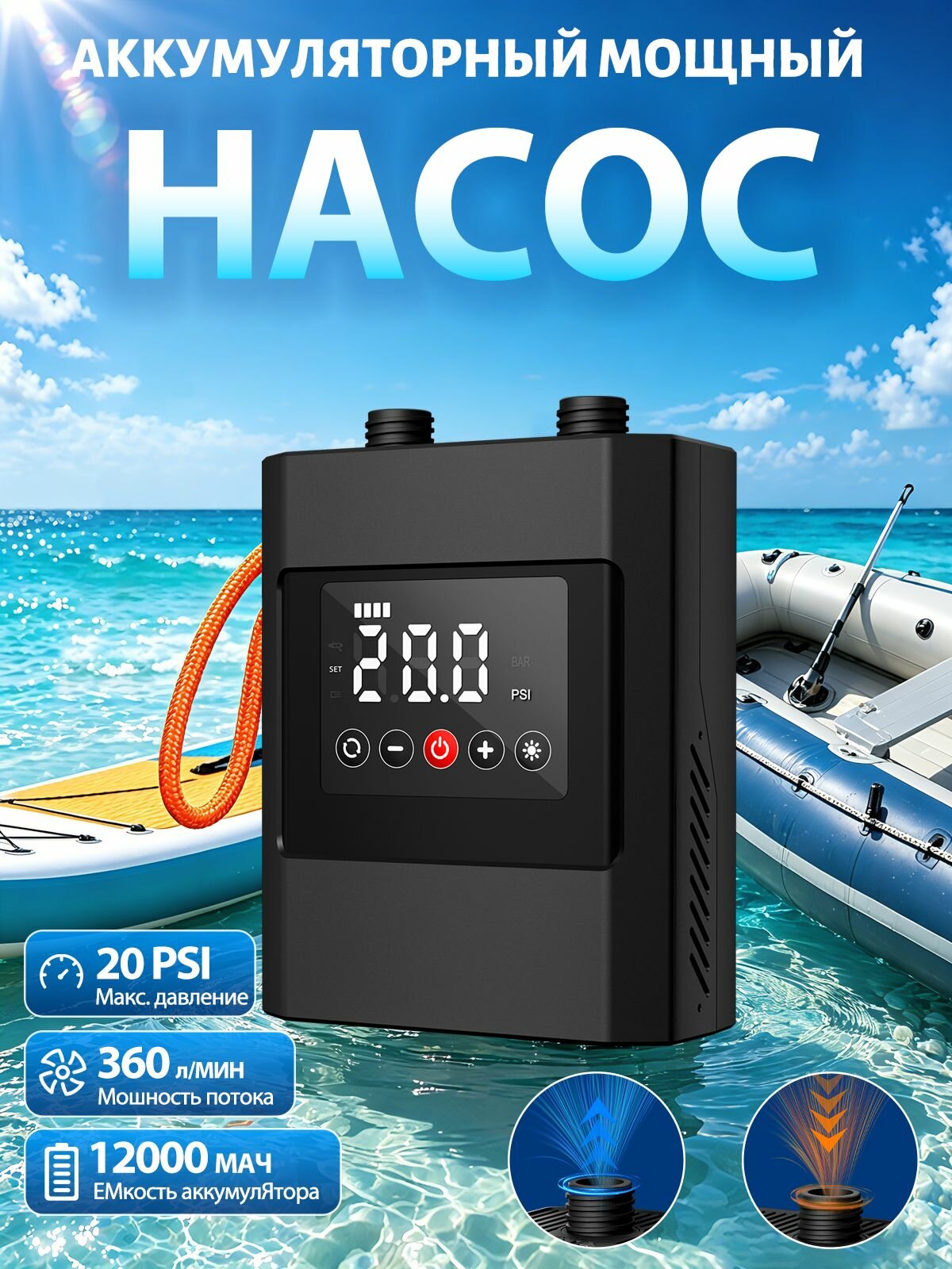 Портативный насос для SUP, Насос для SUP и каяка 20 PSI, портативный воздушный компрессор с LED дисплеем и автоотключением