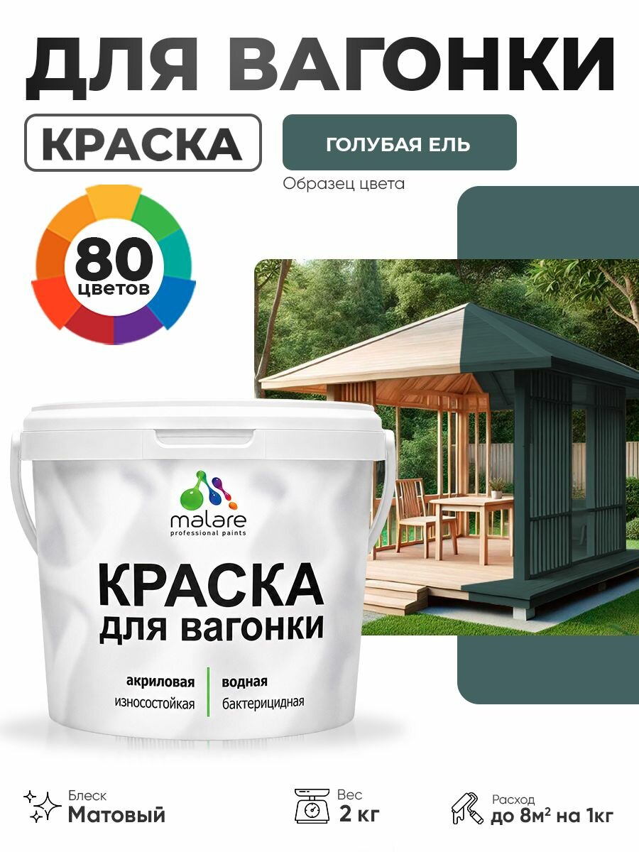 Акриловая краска для вагонки Malare для дерева, для фасадов и интерьера с антисептическим эффектом, быстросохнущая, без запаха, матовая, голубая ель, 2 кг