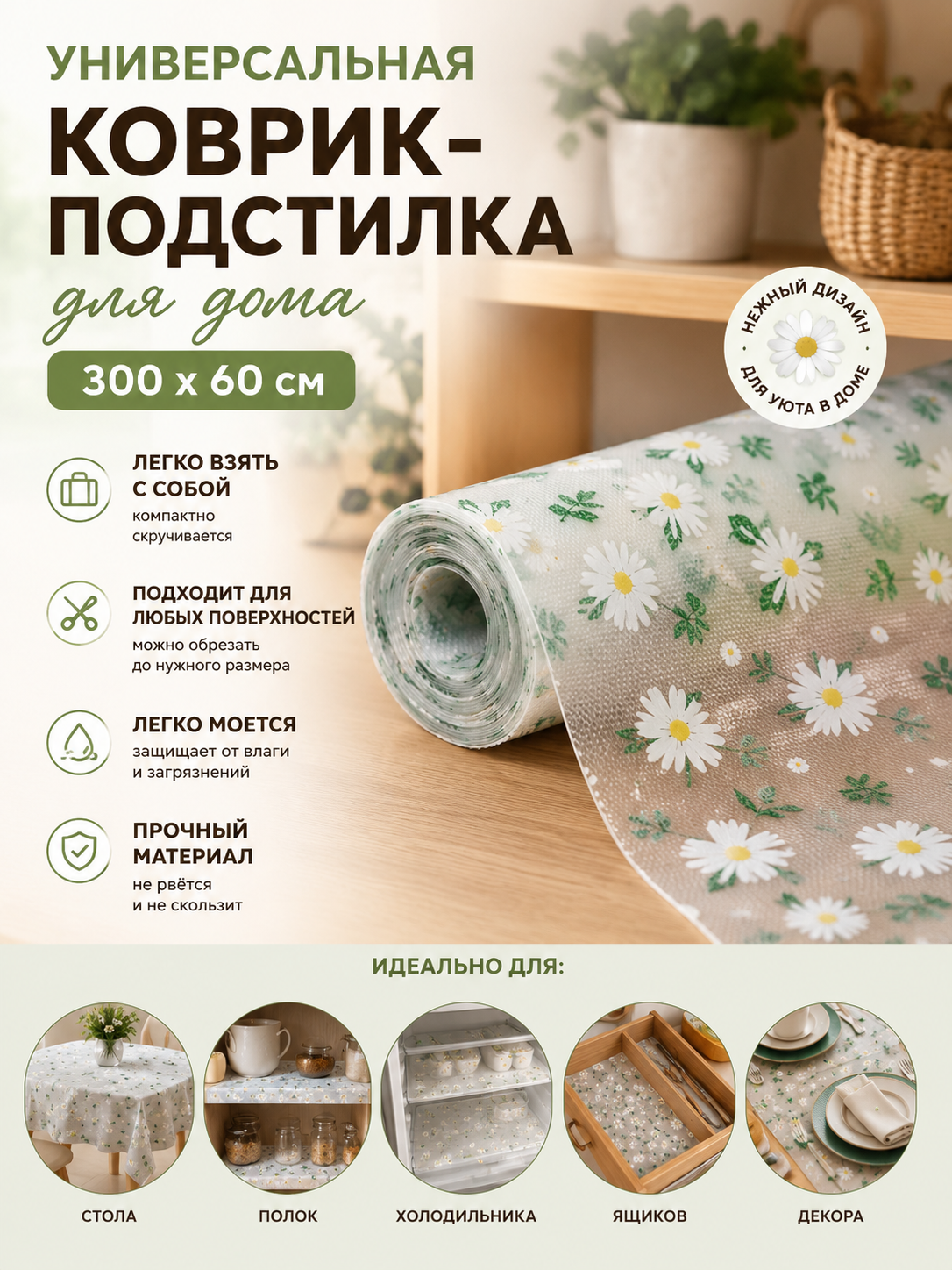 Коврик для кухонных полок, ящиков, холодильника, 300 см х 60 см (Длина: 300 см; Ширина: 60 см; Комплектация: Нет)