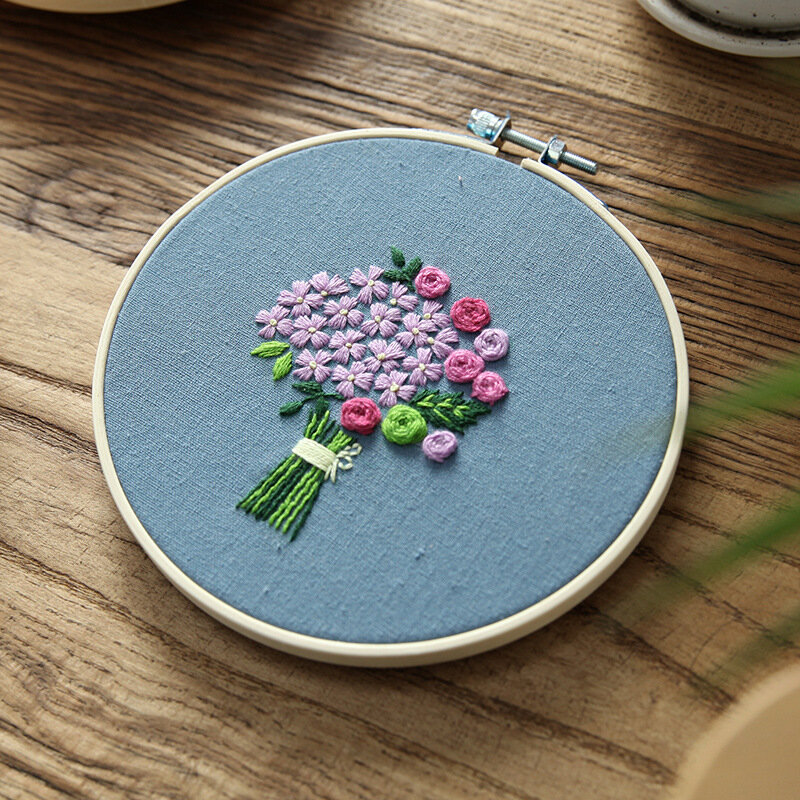 Набор для вышивки DIY для висячей декорации - сложный узор цветка в пастельных тонах, включает 16 см бамбуковый ободок,