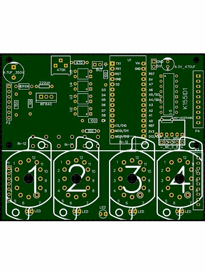 Плата для часов на ГРИ ИН-12 и Arduino Nano. Автор Alex Gyver. Зеленая