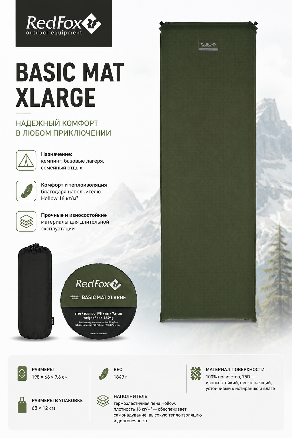 Самонадувающийся коврик RedFox Basic Mat XLarge (чехол для хранения в комплекте)