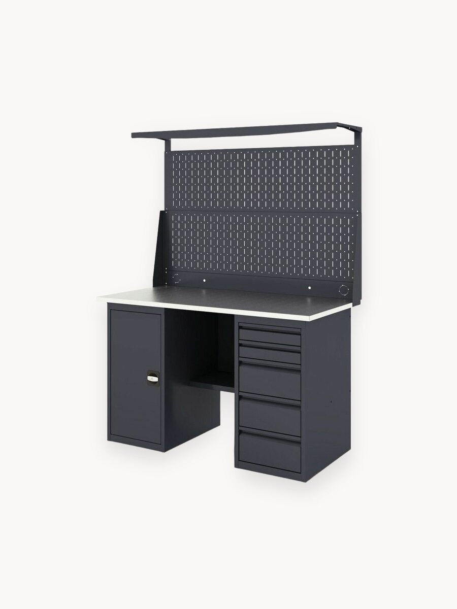 GREENBERG Верстак-стол с экраном ( перфопанелью) двойной с тумбой и ящиками 1400мм VERSTAK_ТY_Р2_1400