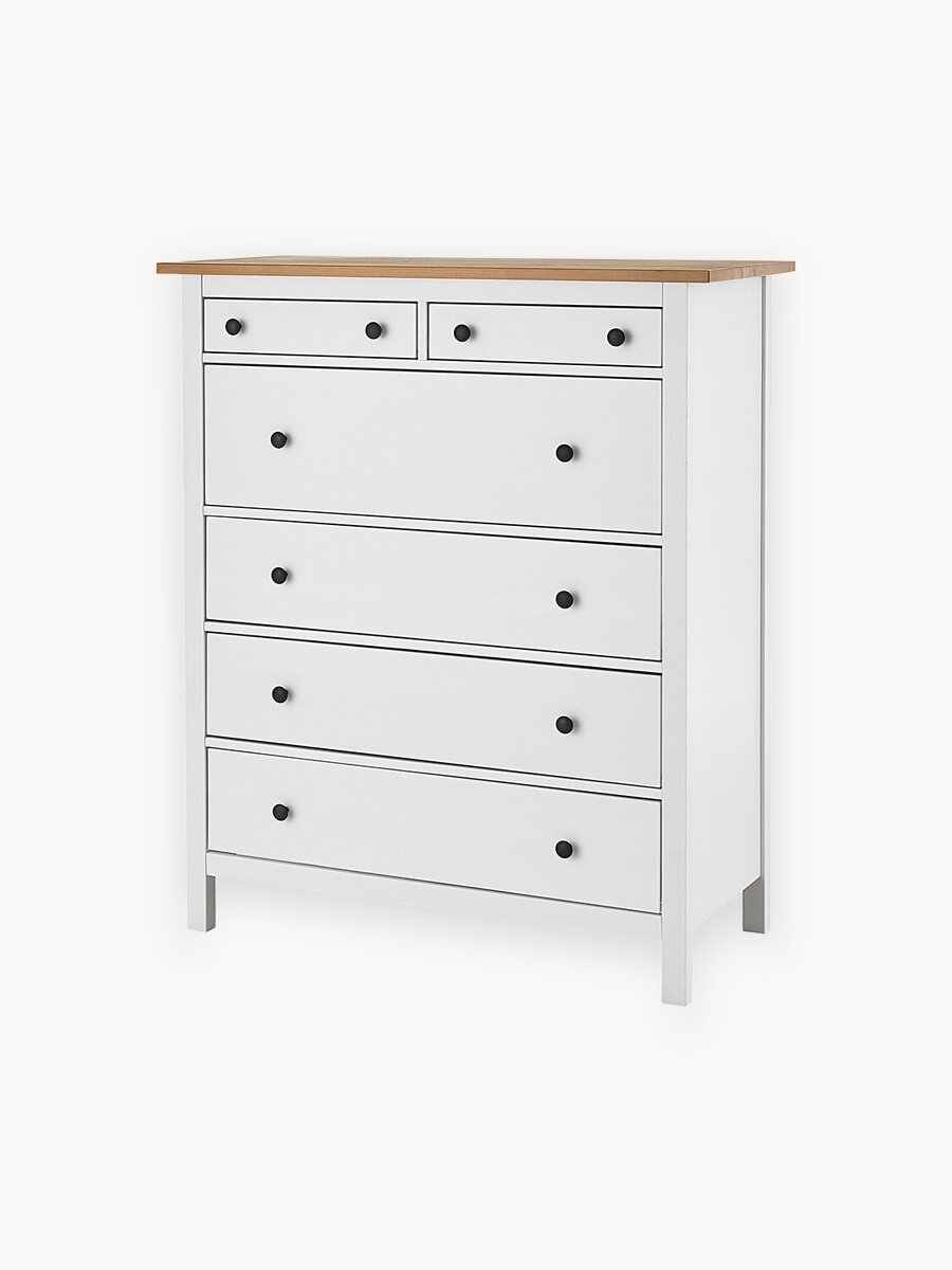 Комод Эванс, 108х131х50 см, 6 ящиков, матовый фасад, массив сосны, цвет белый, светло-коричневый