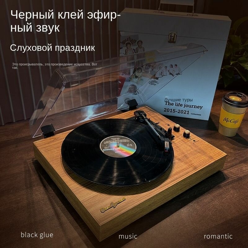 Проигрыватель виниловых пластинок со встроенным Bluetooth и двумя динамиками, ретро-дизайн с пылезащитным чехлом