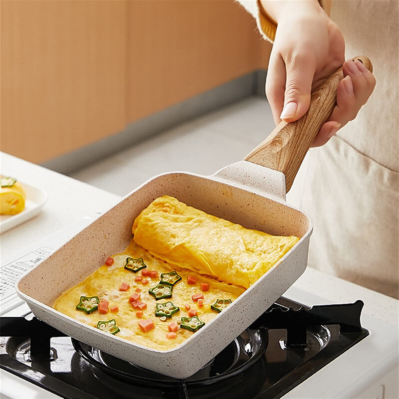 Japanese Omelette Pan Nonstick Frying Pan for Eggs Green Mini Aluminum Size 35.00X15.00X4.00cm Wood Handle 1 Piece Tamagoyaki Skillet Pan Breakfast Pan