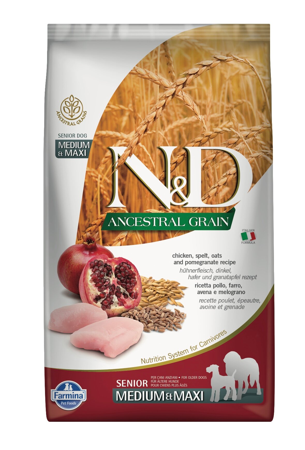 Корм сухой FARMINA ND ANCESTRAL GRAIN DOG Chicken Pomegrante Senior MEDIUM MAXI для взрослых собак старше 7 лет средних и крупных пород с курицей, 12к