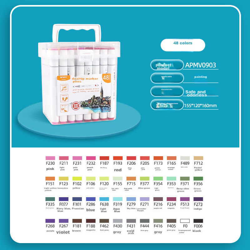 Chenguang (M&G) 48-Color Dual-Tip Alcohol-Based Quick-Drying Markers, Fiber Pens, Oil-Based Watercolor Pens, Drawing Pens, Graffiti Pens, Single Box APMV0903 (With 1 Eraser Included)