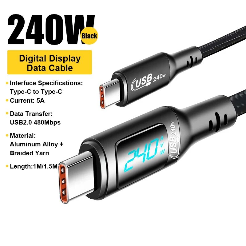 Кабель USB 240W Type-C - Type-C, 5A, 480Mbps, 1m, Черный